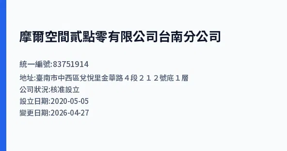 摩爾空間貳點零有限公司台南分公司的照片-統編 83751914(臺南市) 公司登記資料與營業項目詳細圖表
