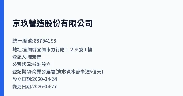 京玖營造股份有限公司的照片-統編 83754193(宜蘭縣) 公司登記資料與營業項目詳細圖表