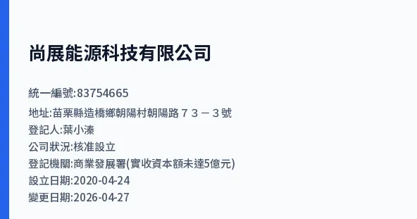 尚展能源科技有限公司的照片-統編 83754665(苗栗縣) 公司登記資料與營業項目詳細圖表