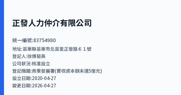正發人力仲介有限公司的照片-統編 83754980(苗栗縣) 公司登記資料與營業項目詳細圖表