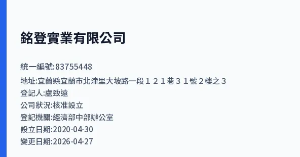 銘登實業有限公司的照片-統編 83755448(宜蘭縣) 公司登記資料與營業項目詳細圖表
