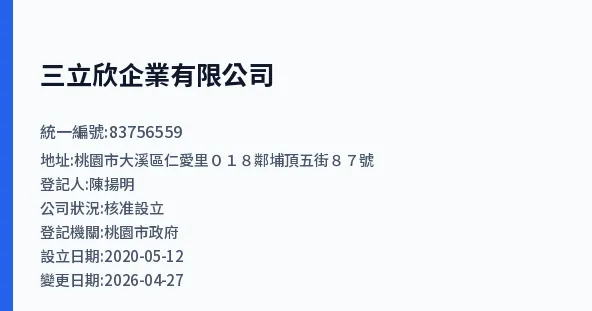 三立欣企業有限公司的照片-統編 83756559(桃園市) 公司登記資料與營業項目詳細圖表