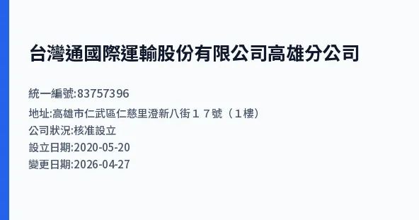 台灣通國際運輸股份有限公司高雄分公司的照片-統編 83757396(高雄市) 公司登記資料與營業項目詳細圖表