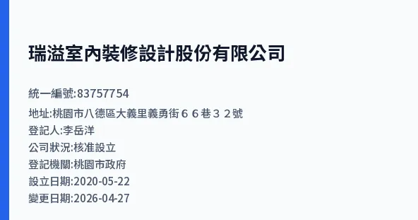 瑞溢室內裝修設計股份有限公司的照片-統編 83757754(桃園市) 公司登記資料與營業項目詳細圖表