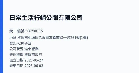 日常生活行銷公關有限公司的照片-統編 83758085(桃園市) 公司登記資料與營業項目詳細圖表