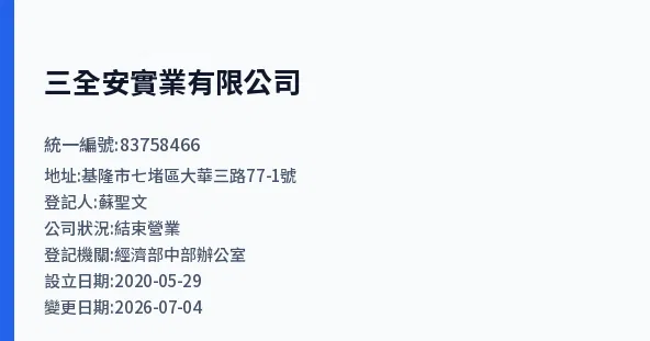 三全安實業有限公司的照片-統編 83758466(基隆市) 公司登記資料與營業項目詳細圖表