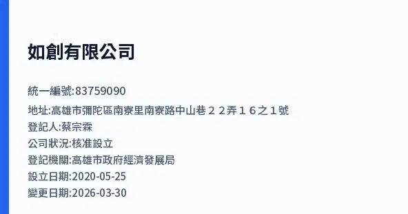 如創有限公司的照片-統編 83759090(高雄市) 公司登記資料與營業項目詳細圖表