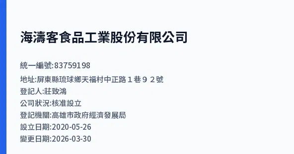 海濤客食品工業股份有限公司的照片-統編 83759198(屏東縣) 公司登記資料與營業項目詳細圖表