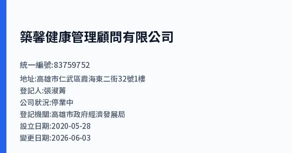 築馨健康管理顧問有限公司的照片-統編 83759752(高雄市) 公司登記資料與營業項目詳細圖表