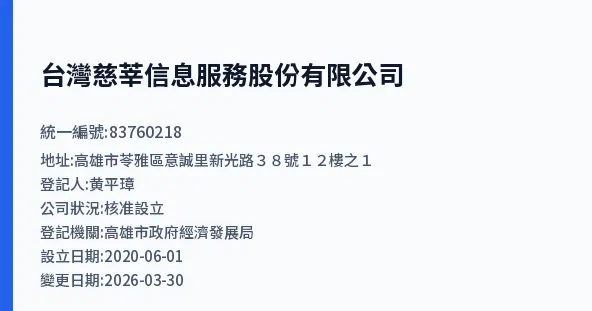 台灣慈莘信息服務股份有限公司的照片-統編 83760218(高雄市) 公司登記資料與營業項目詳細圖表