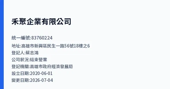 禾聚企業有限公司的照片-統編 83760224(高雄市) 公司登記資料與營業項目詳細圖表
