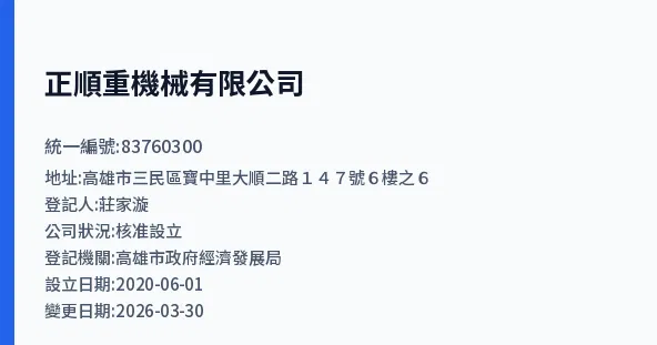 正順重機械有限公司的照片-統編 83760300(高雄市) 公司登記資料與營業項目詳細圖表