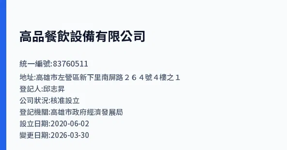 高品餐飲設備有限公司的照片-統編 83760511(高雄市) 公司登記資料與營業項目詳細圖表