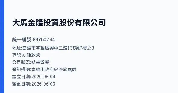 大馬金隆投資股份有限公司的照片-統編 83760744(高雄市) 公司登記資料與營業項目詳細圖表