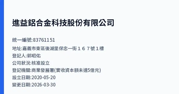 進益鋁合金科技股份有限公司的照片-統編 83761151(嘉義市) 公司登記資料與營業項目詳細圖表