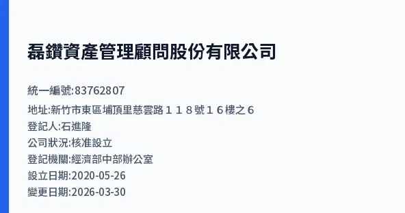 磊鑽資產管理顧問股份有限公司的照片-統編 83762807(新竹市) 公司登記資料與營業項目詳細圖表