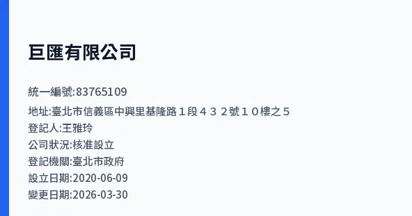 巨匯有限公司的照片-統編 83765109(臺北市) 公司登記資料與營業項目詳細圖表