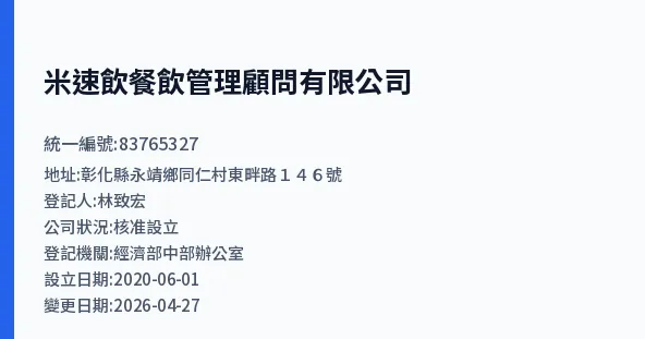 米速飲餐飲管理顧問有限公司的照片-統編 83765327(彰化縣) 公司登記資料與營業項目詳細圖表