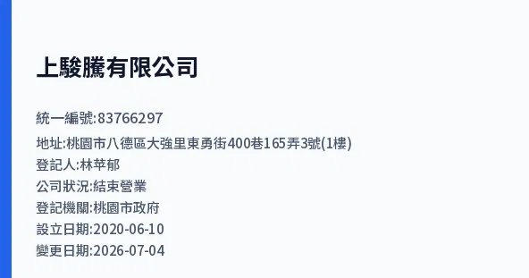 上駿騰有限公司的照片-統編 83766297(桃園市) 公司登記資料與營業項目詳細圖表