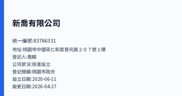 新喬有限公司的照片-統編 83766331(桃園市) 公司登記資料與營業項目詳細圖表