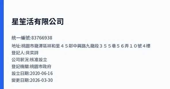 星笙活有限公司的照片-統編 83766938(桃園市) 公司登記資料與營業項目詳細圖表