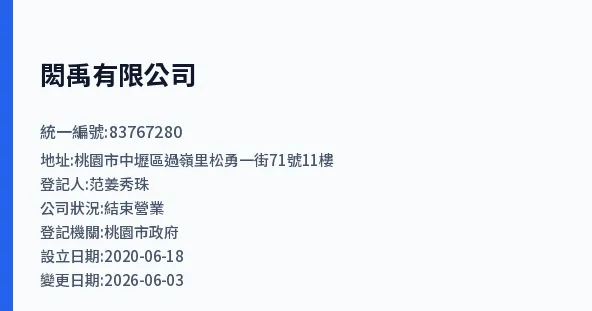 閎禹有限公司的照片-統編 83767280(桃園市) 公司登記資料與營業項目詳細圖表