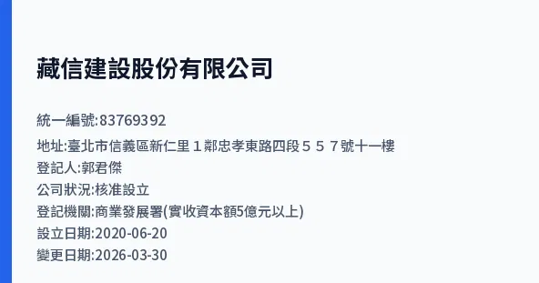 藏信建設股份有限公司的照片-統編 83769392(臺北市) 公司登記資料與營業項目詳細圖表