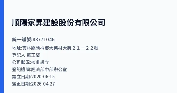順陽家昇建設股份有限公司的照片-統編 83771046(雲林縣) 公司登記資料與營業項目詳細圖表