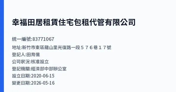 幸福田居租賃住宅包租代管有限公司的照片-統編 83771067(新竹市) 公司登記資料與營業項目詳細圖表