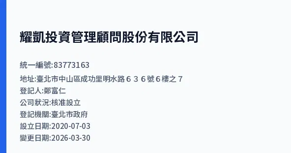 耀凱投資管理顧問股份有限公司的照片-統編 83773163(臺北市) 公司登記資料與營業項目詳細圖表