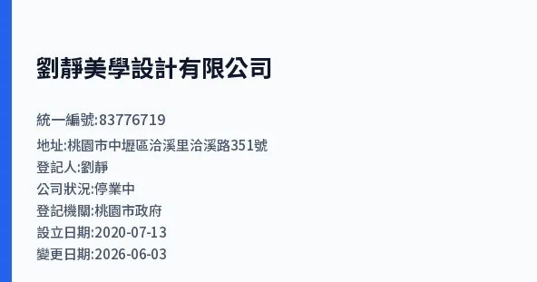 劉靜美學設計有限公司的照片-統編 83776719(桃園市) 公司登記資料與營業項目詳細圖表