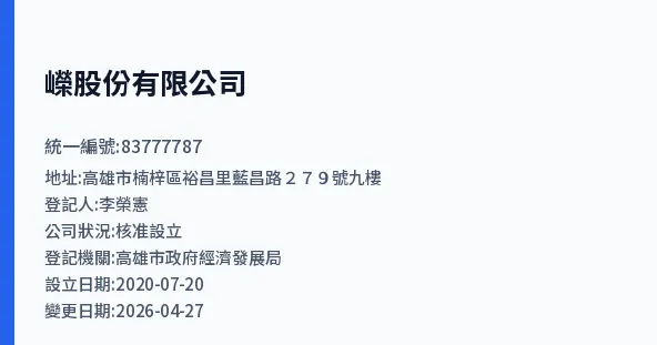 嶸股份有限公司的照片-統編 83777787(高雄市) 公司登記資料與營業項目詳細圖表