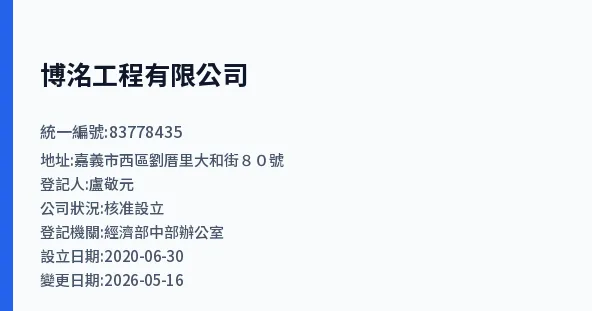博洺工程有限公司的照片-統編 83778435(嘉義市) 公司登記資料與營業項目詳細圖表