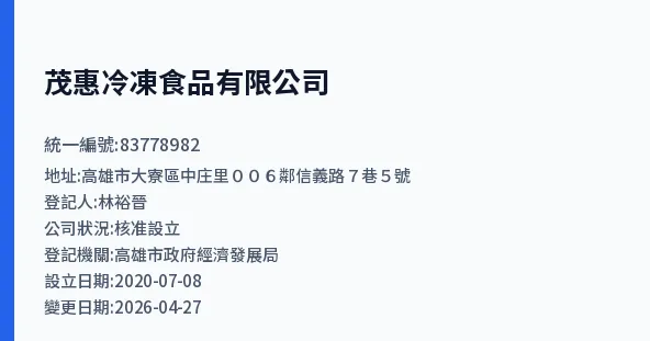 茂惠冷凍食品有限公司的照片-統編 83778982(高雄市) 公司登記資料與營業項目詳細圖表