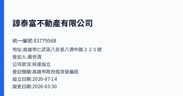 諄泰富不動產有限公司的照片-統編 83779568(高雄市) 公司登記資料與營業項目詳細圖表