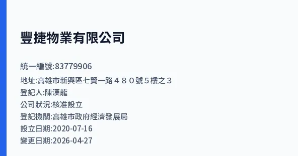 豐捷物業有限公司的照片-統編 83779906(高雄市) 公司登記資料與營業項目詳細圖表