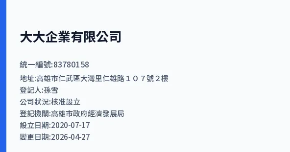 大大企業有限公司的照片-統編 83780158(高雄市) 公司登記資料與營業項目詳細圖表