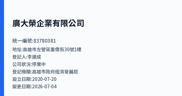 廣大榮企業有限公司的照片-統編 83780381(高雄市) 公司登記資料與營業項目詳細圖表