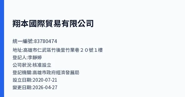 翔本國際貿易有限公司的照片-統編 83780474(高雄市) 公司登記資料與營業項目詳細圖表