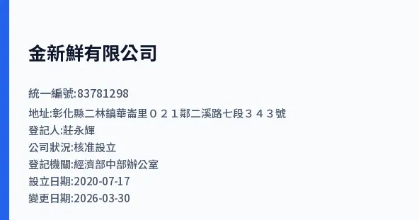 金新鮮有限公司的照片-統編 83781298(彰化縣) 公司登記資料與營業項目詳細圖表