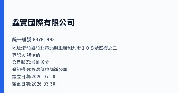鑫實國際有限公司的照片-統編 83781993(新竹縣) 公司登記資料與營業項目詳細圖表