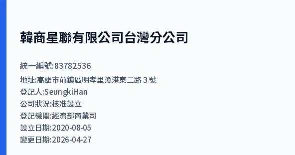 韓商星聯有限公司台灣分公司的照片-統編 83782536(高雄市) 公司登記資料與營業項目詳細圖表