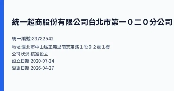 統一超商股份有限公司台北市第一0二0分公司的照片-統編 83782542(臺北市) 公司登記資料與營業項目詳細圖表