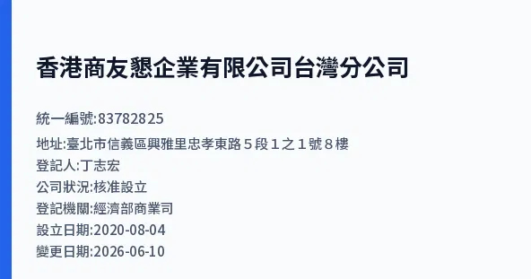 香港商友懇企業有限公司台灣分公司的照片-統編 83782825(臺北市) 公司登記資料與營業項目詳細圖表