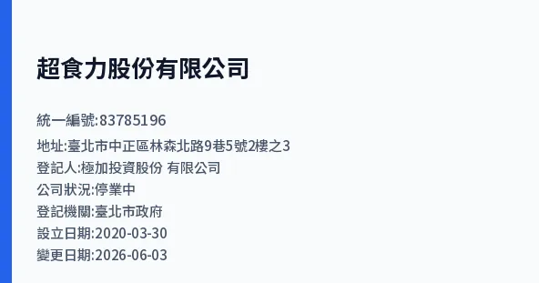 超食力股份有限公司的照片-統編 83785196(臺北市) 公司登記資料與營業項目詳細圖表