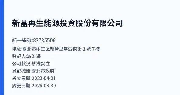 新晶再生能源投資股份有限公司的照片-統編 83785506(臺北市) 公司登記資料與營業項目詳細圖表
