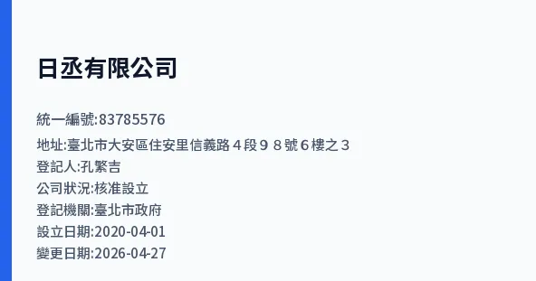 日丞有限公司的照片-統編 83785576(臺北市) 公司登記資料與營業項目詳細圖表