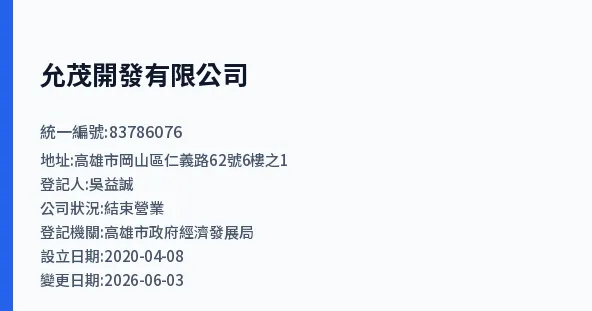 允茂開發有限公司的照片-統編 83786076(高雄市) 公司登記資料與營業項目詳細圖表