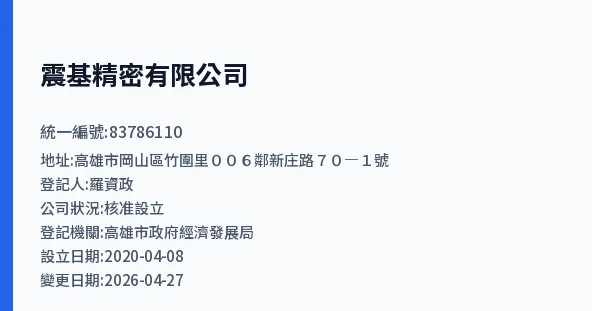 震基精密有限公司的照片-統編 83786110(高雄市) 公司登記資料與營業項目詳細圖表