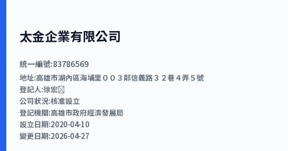 太金企業有限公司的照片-統編 83786569(高雄市) 公司登記資料與營業項目詳細圖表